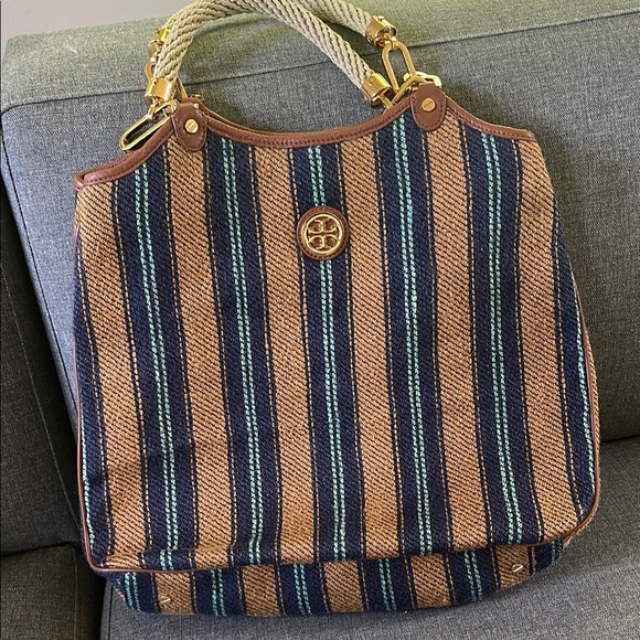 Tory Burch | Bags | Tory Burch Brown And Blue Striped Tote Bag | Poshmark